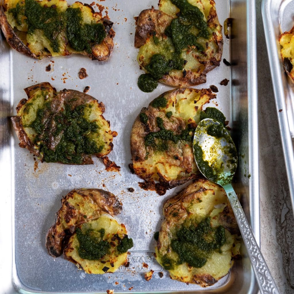 Crispy Smashed Potatoes with Mint & Cilantro Chutney | Dill and Thyme